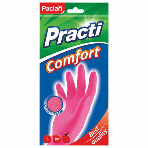 10 уп. Перчатки многоразовые латексные PACLAN "Practi Comfort" хлопчатобумажное напыление, размер L (большой) розовые, вес 66 г, 407272
