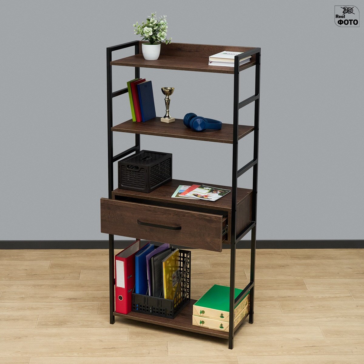Книжный шкаф-стеллаж с ящиком на металлических стойках Сусар 4Д дуб апрельский шоколадный ш70/г34/в150