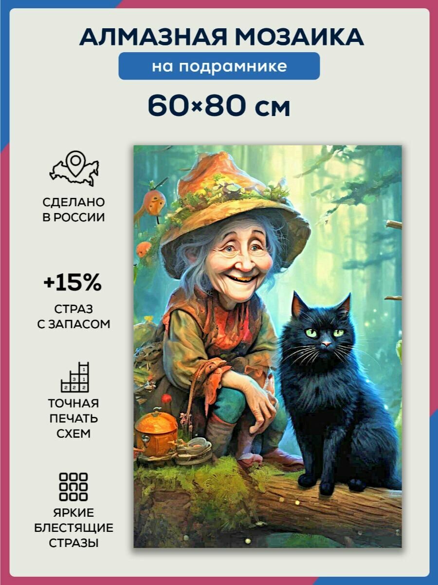 Алмазная мозаика 60x80 Баба Яга с котом на подрамнике