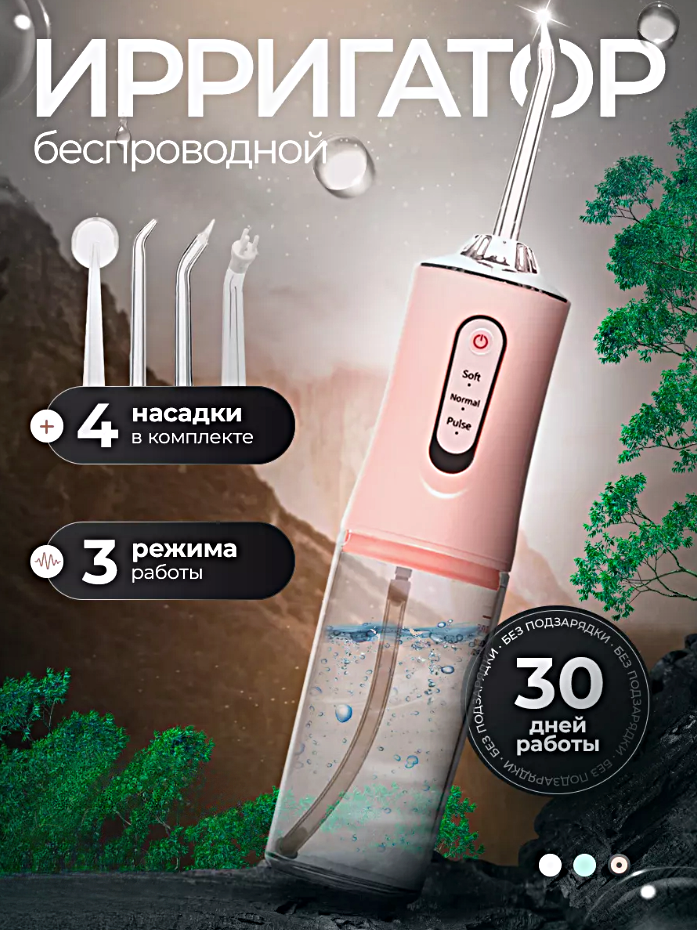 Ирригатор для полости рта и зубов, Портативный ирригатор для чистки зубов и языка, 4 сменные насадки, Розовый