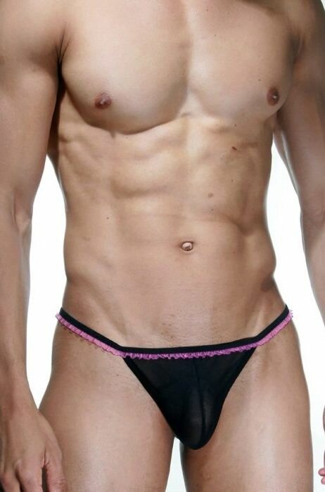 Черные трусы-стринги с розовой рюшей, цвет черный с розовым, размер L-XL