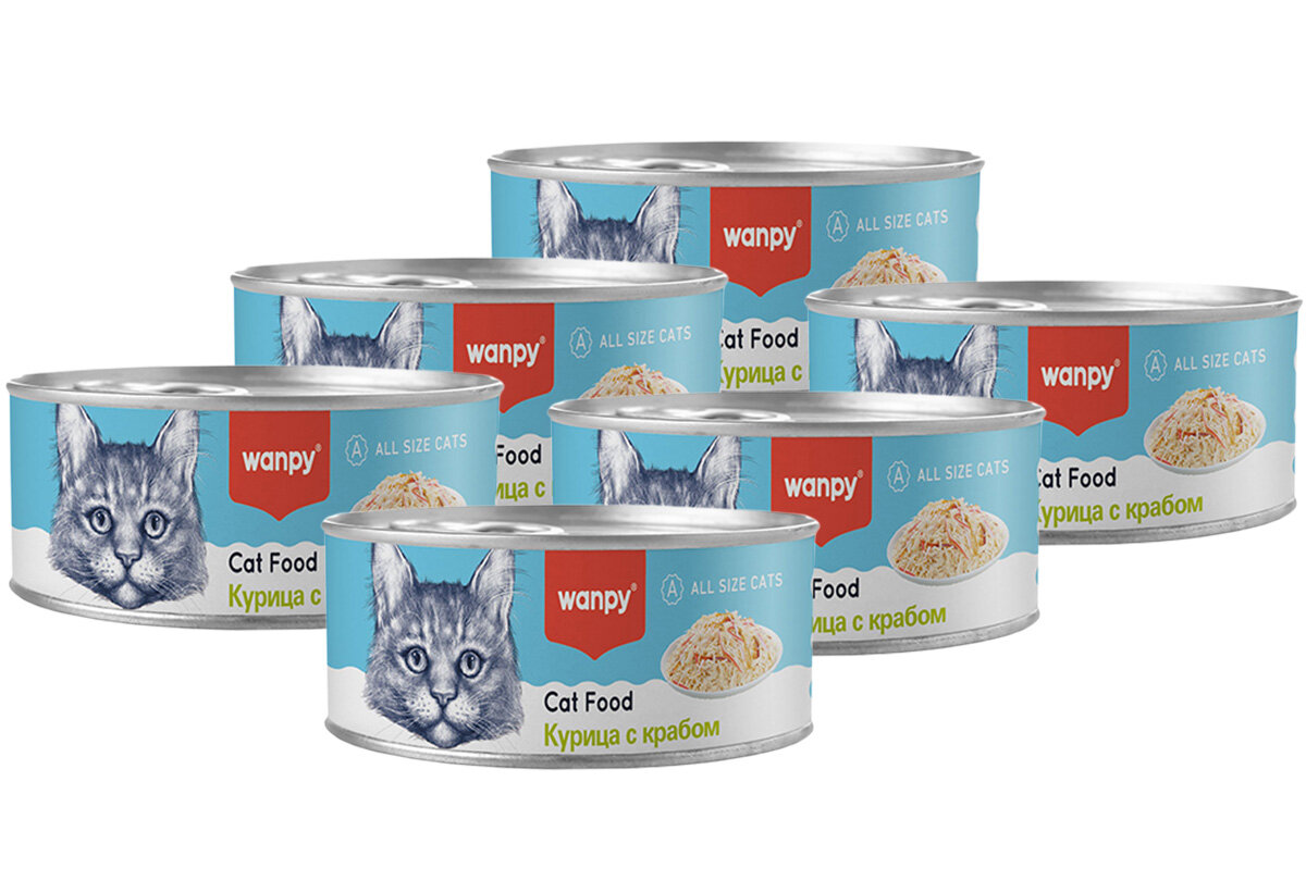 Корм влажный Wanpy Cat для кошек, курица и краб, 95 г х 6 шт