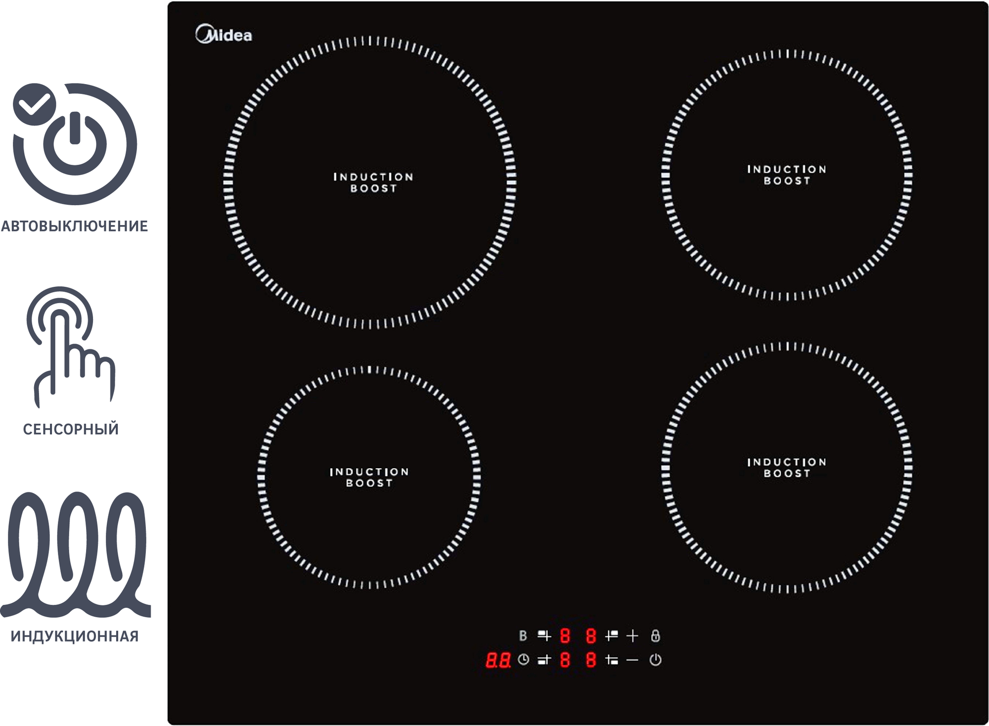 Варочная панель Midea MIH64100, индукционная, стеклокерамическая, 4 конфорки, черная