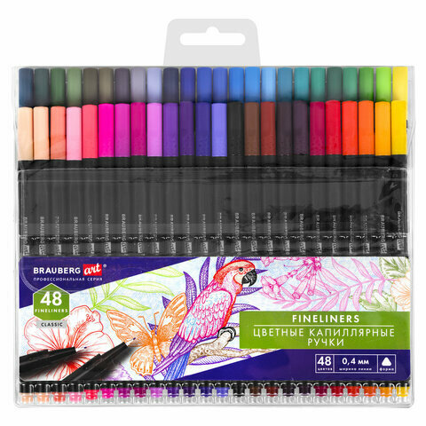 Ручки капиллярные (линеры), 48 цветов, BRAUBERG ART "Classic", трехгранные, металлический наконечник, линия письма 0,4 мм, 144149
