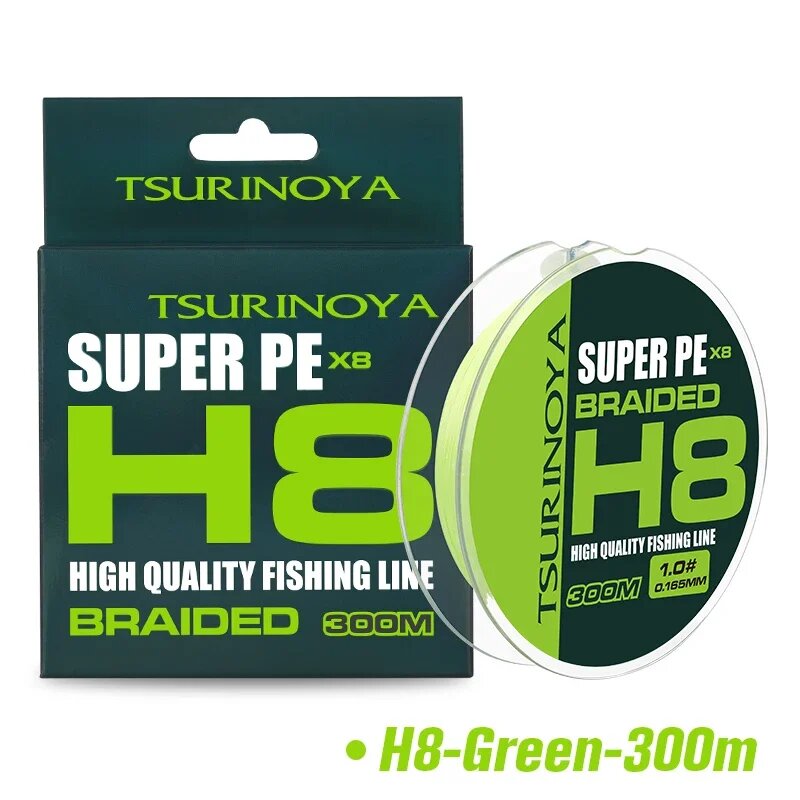 Рыболовная леска TSURINOYA плетенная 8 прядей 14-50lb 0.8 0.148mm 16lb, H8-Green-300m