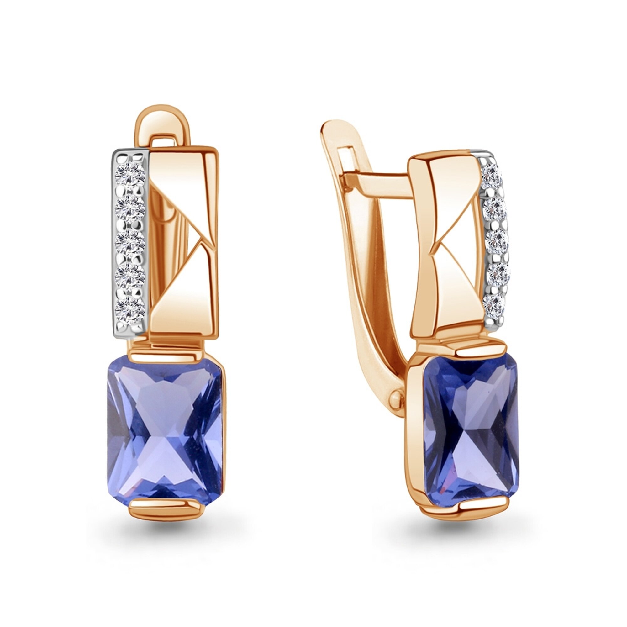 Серьги, серебро, 925 проба, золочение, фианит, танзанит