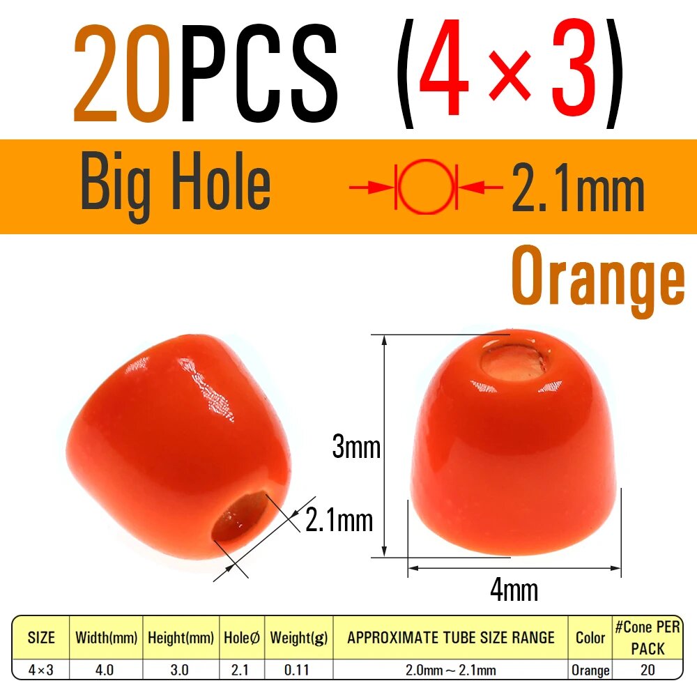 ICERIO Латунные конусные бусины для вязания мух 20 шт Оранжевый, L hole 4X3 Orange