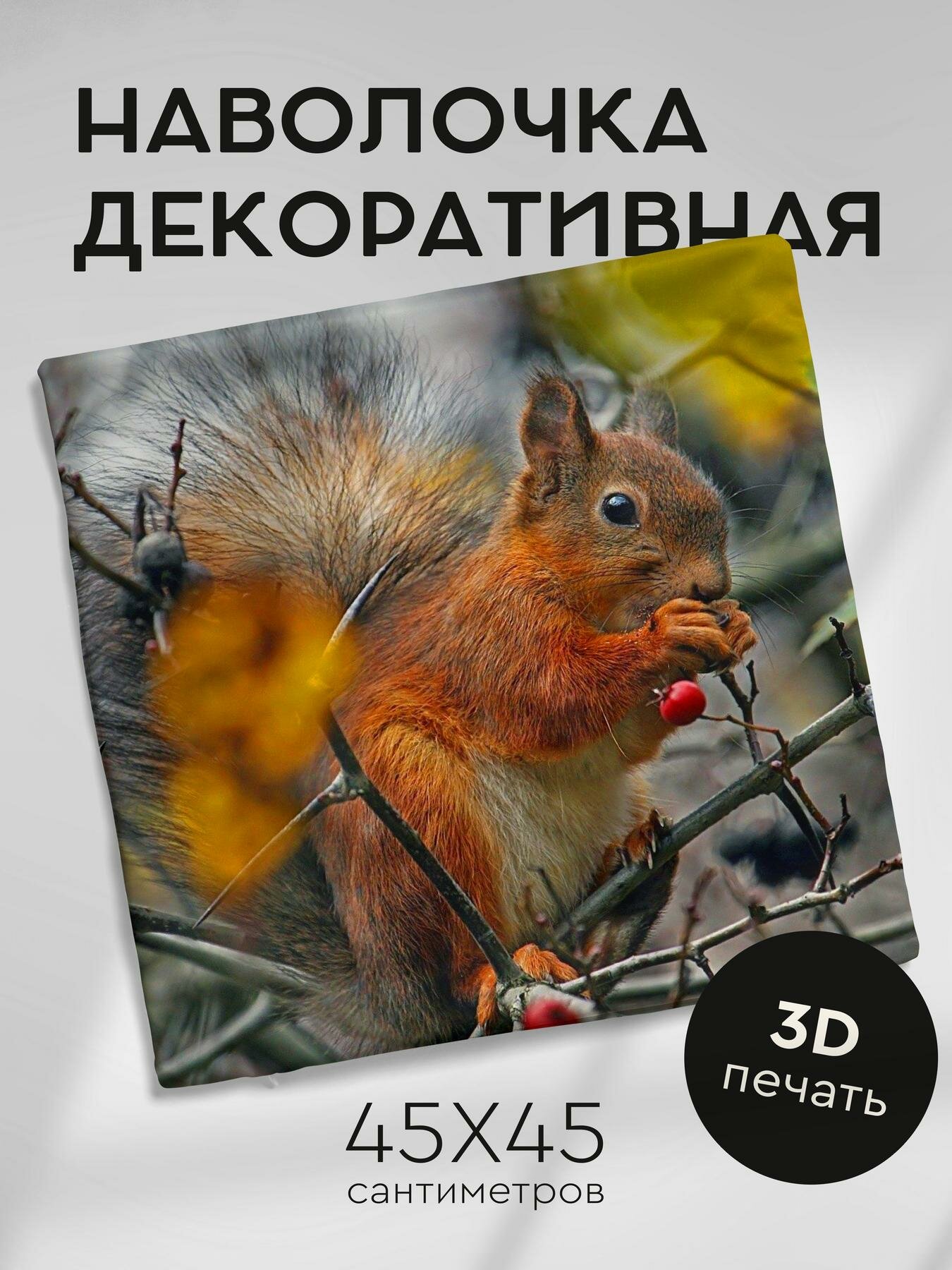 Наволочка декоративная, 45х45см / белка / ветка / ягода / еда