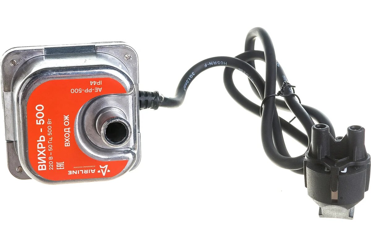 Предпусковой подогреватель двигателя Airline вихрь‑500 с помпой AE‑PP‑500, алюминиевый корпус, 500 Вт, 8 л/мин, 65 °C, 16 мм шунт, 0.9 м кабель, 230х90х125 мм, 0.88 кг