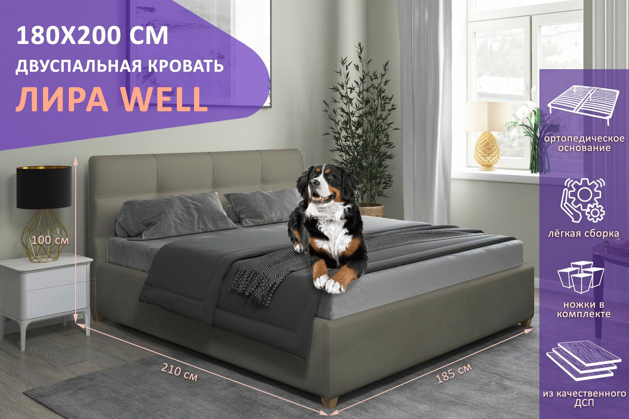 Двуспальная кровать Лира WELL 180х200 см, с ортопедическим подъемным механизмом, с ножками, цвет темно-серый