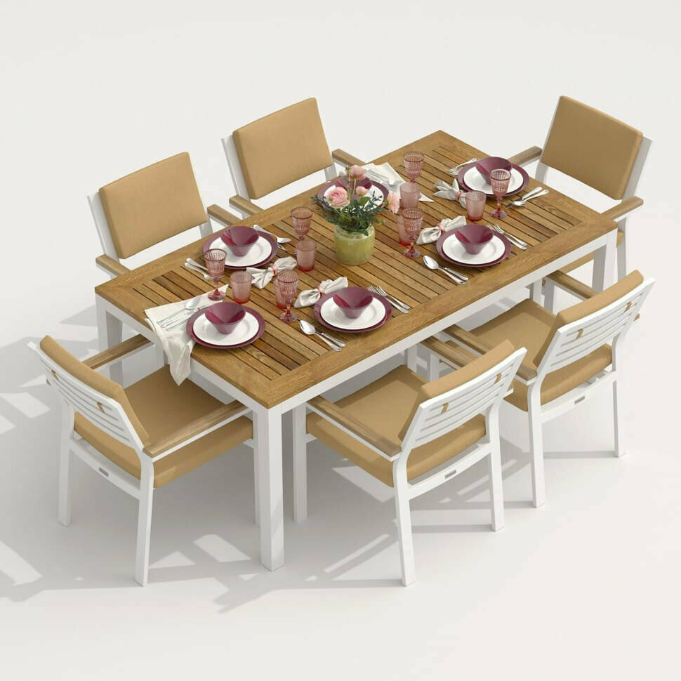 Обеденная группа TELLA BONTA каркас белый / стол тик 180 / ткань бежевая