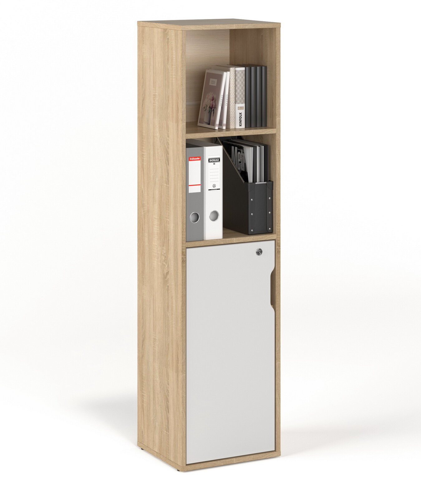 Стеллаж БАНГА-23 левый Дуб Сонома - Белый, с дверкой и отрытой полкой, (ВхШхГ) 142,6х36,8х32,6 см, ЛДСП