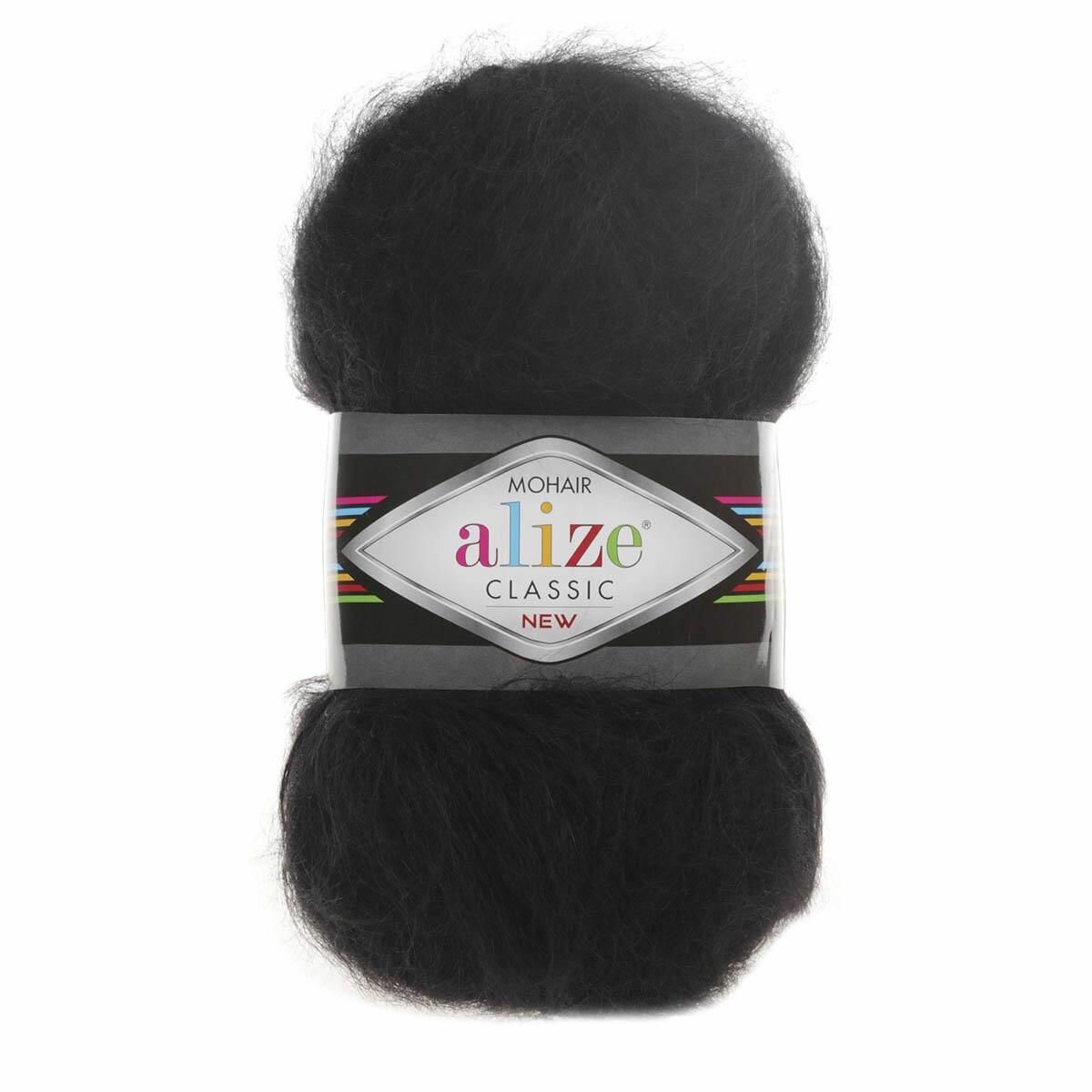 Пряжа ALIZE "Mohair classic new", 100 гр 200 м, 25% мохер, 24% шерсть, 51% акрил, 60 черный, 5 шт