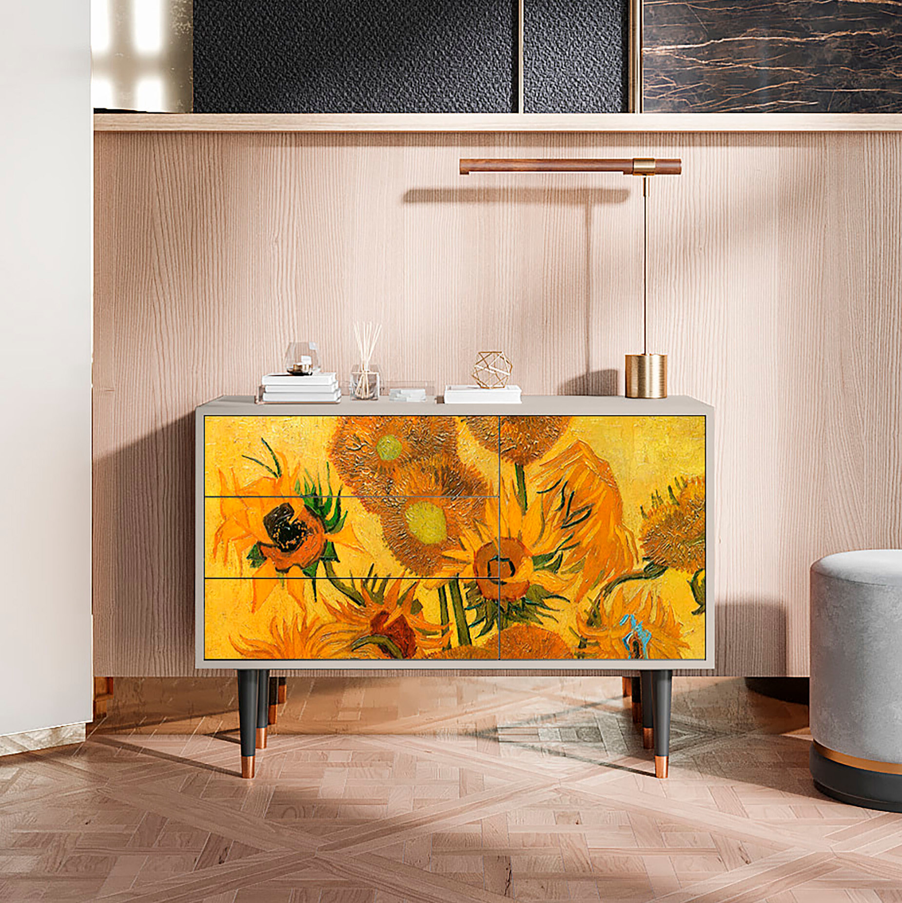 Комод - STORYZ - S3 Sunflowers by Vincent Van Gogh, Размер - 115 x 84 x 41 см, Цвет корпуса - , Сатин