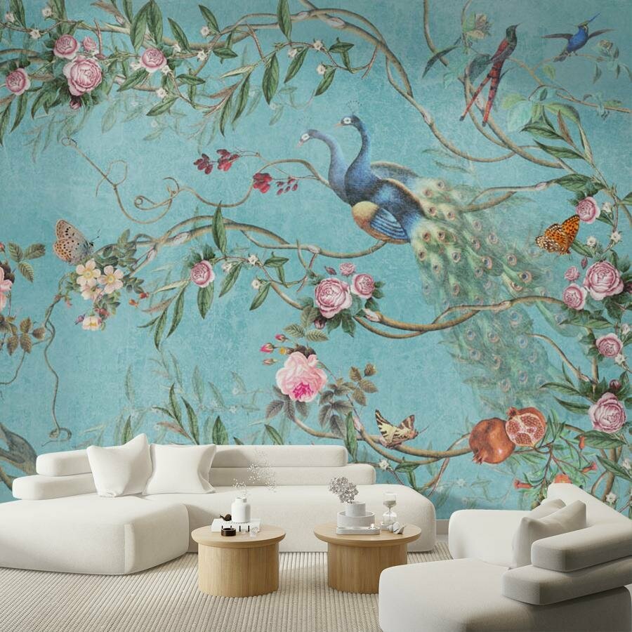 Фотообои Павлины в райском саду 19-0035-S-Холст 270 x 200 см (ВхШ) Бесшовные, флизелиновые, влагостойкие обои MasterFresok