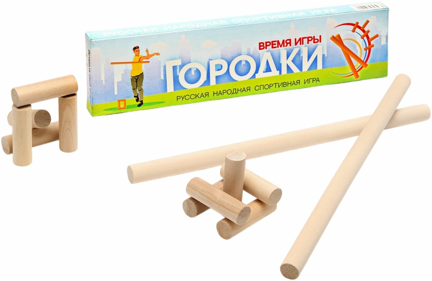 Спортивная игра городки "Время игры", игровой деревянный набор для подвижных игр на улице и дома, комплект биты 2 штуки + 10 штук рюхи