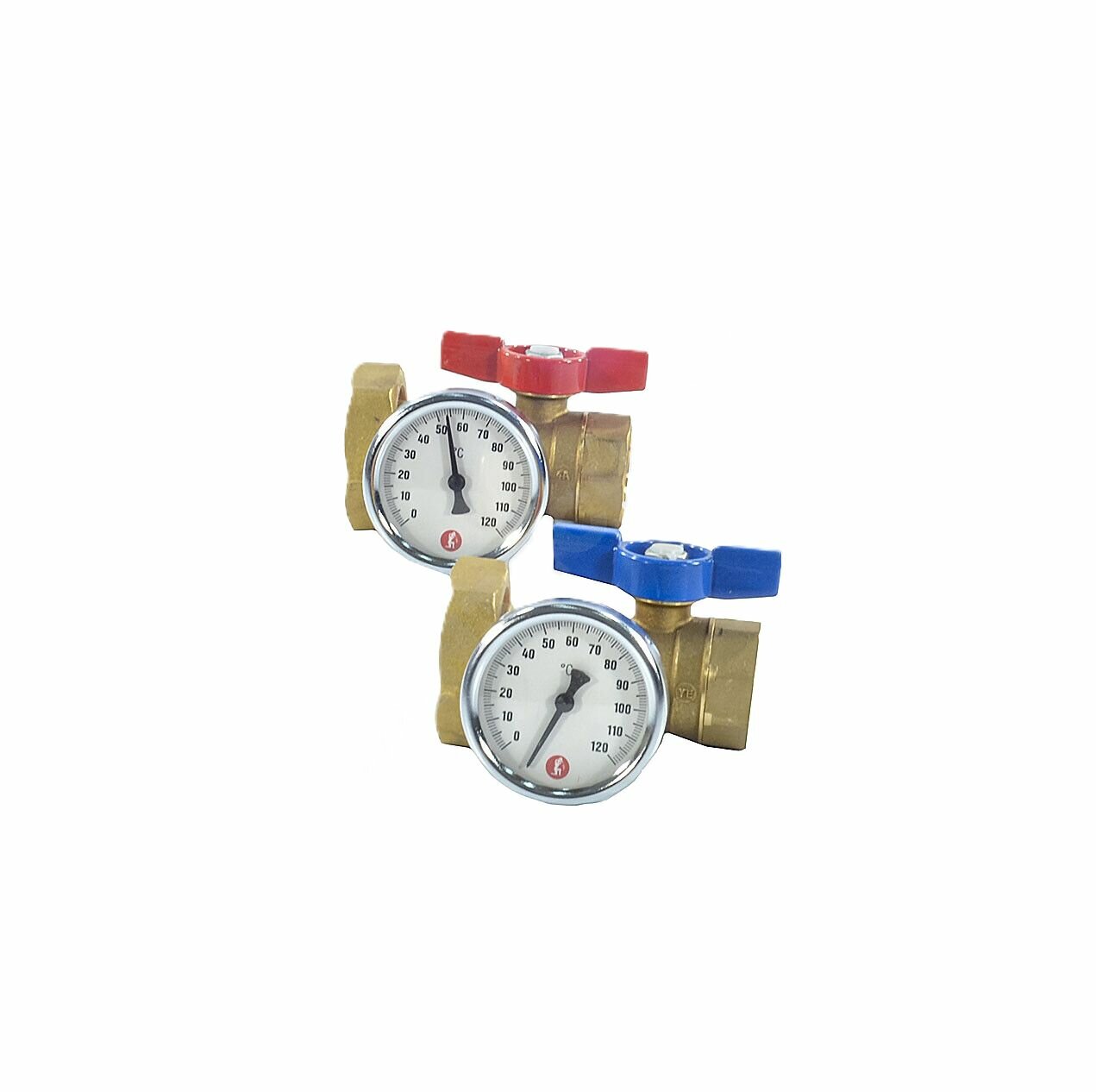 Комплект шаровых кранов латунь R287M Ду 25х40 Ру35 ВР/нак. гайка бабочка красная/синяя c термометром Giacomini R287MY005