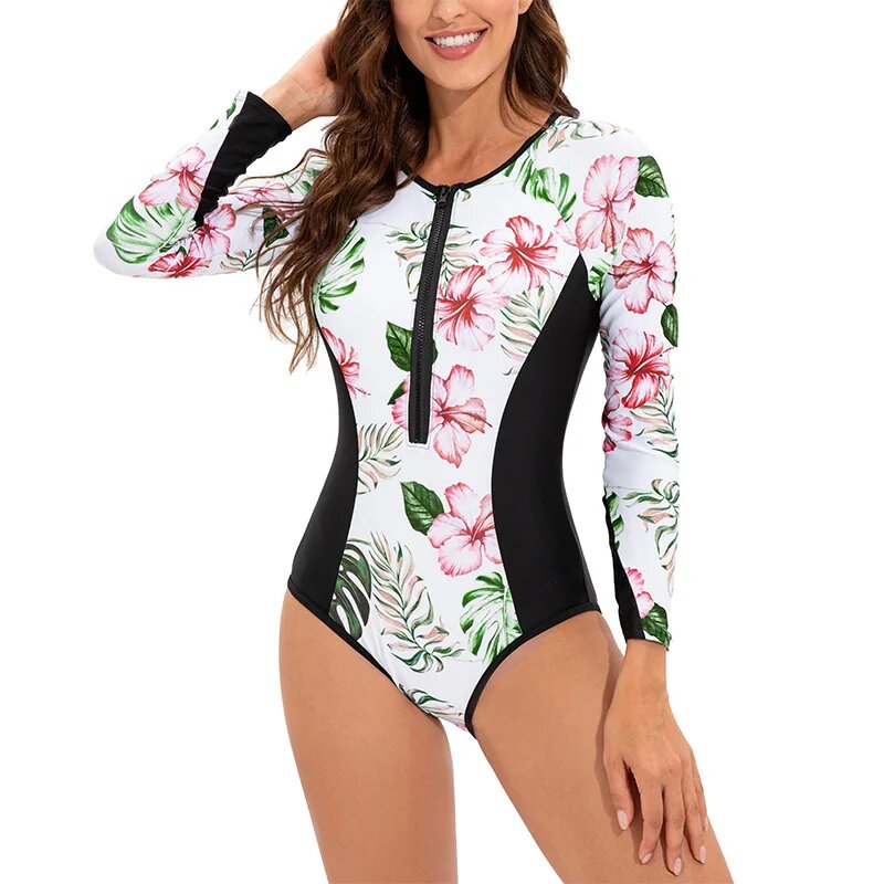 Tengweng женский цельный купальник с длинными рукавами пэчворк М, swimwear 5