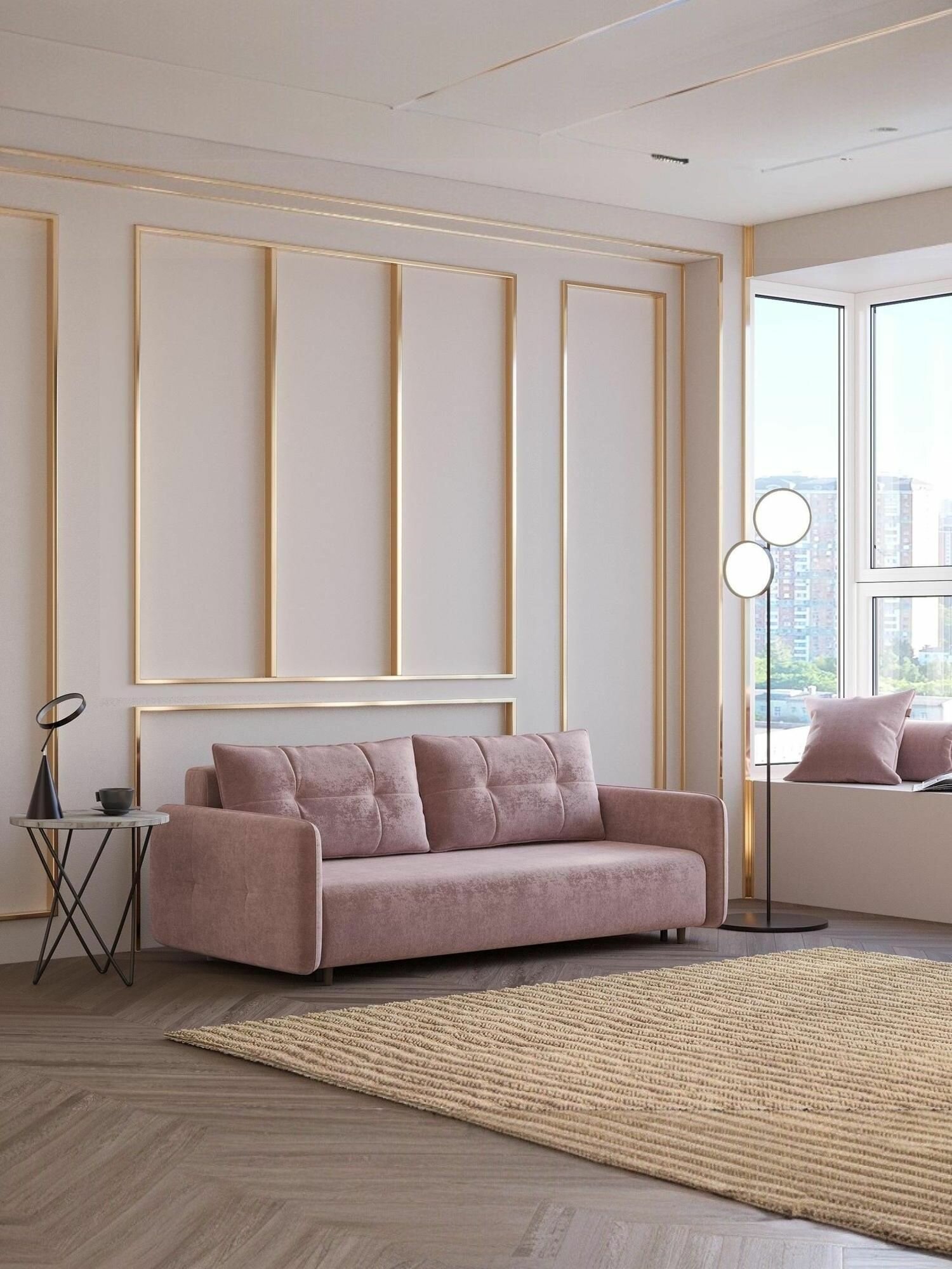 Диван прямой Manons Maison Сканди, раскладной механизм Еврокнижка (Тик-так), Велюр Розовый, 223х109х76 см