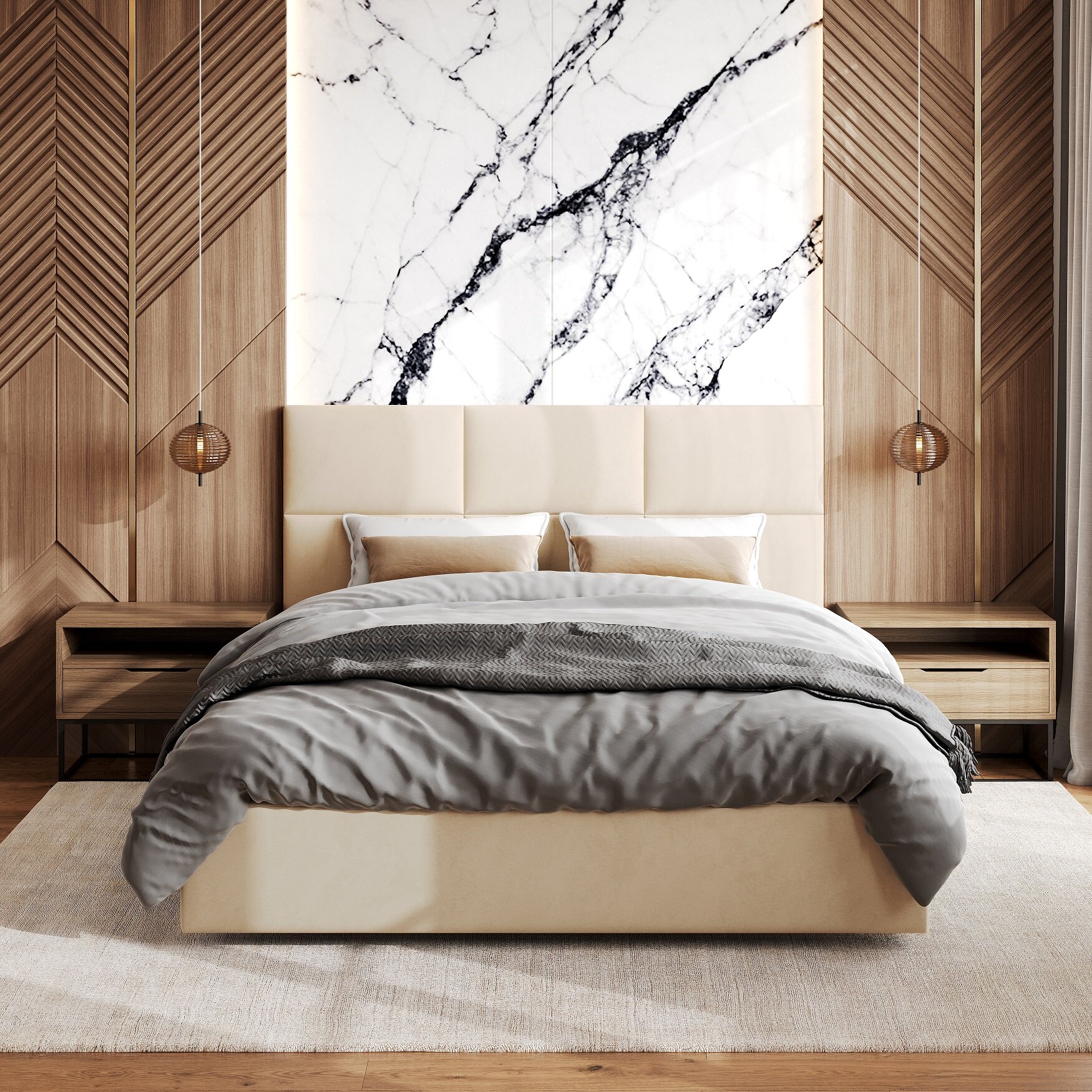 Кровать GALAXY Венера-5, 140х200см, двуспальная, с ортопедическим основанием, ящиком для белья, велюр бежевый (Beige)