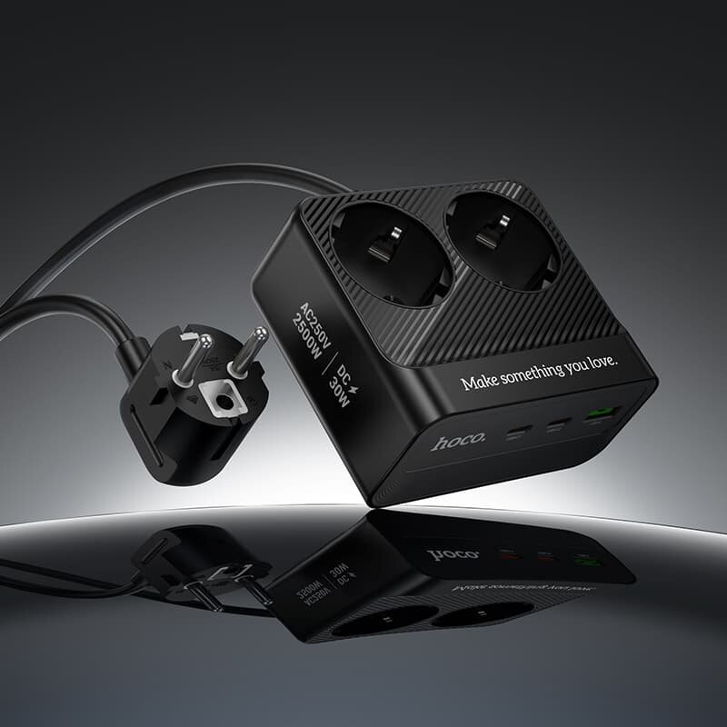 Сетевой фильтр hoco, 2 гнезда и 2 порта USB-C, мощность 2500Вт, черный