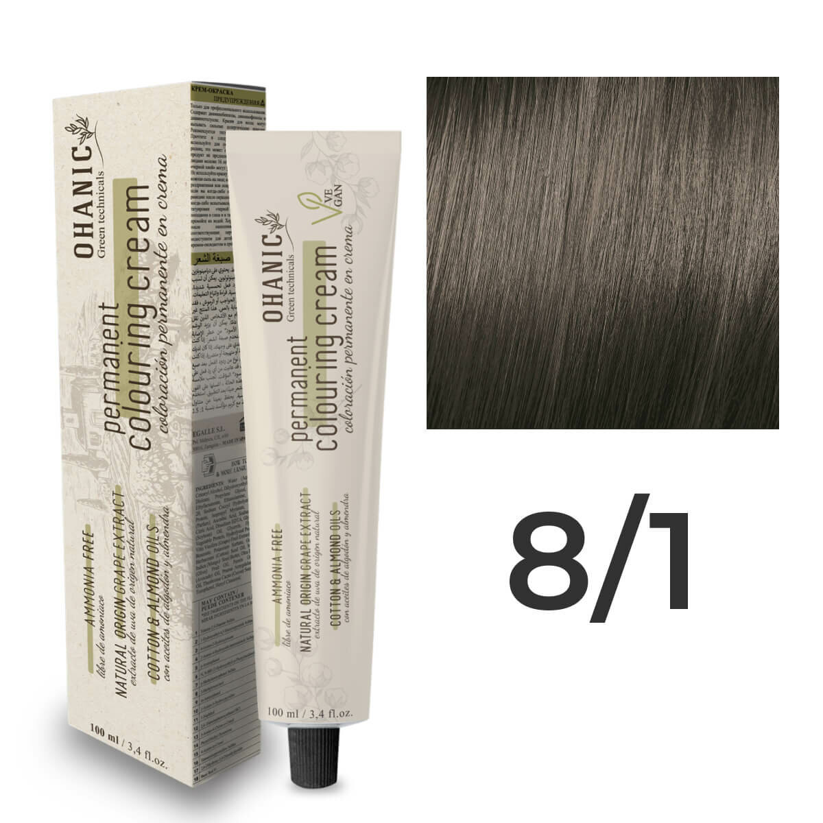 Безаммиачная крем-краска для волос Ohanic Green Technicals 8.1 Светлый русый Пепельный, 100 мл