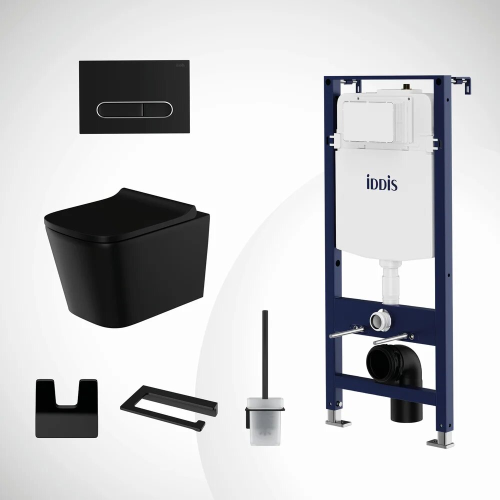 Комплект IDDIS 6в1: унитаз подвесной Bild безободковый / инсталляция Profix / клавиша смыва Unifix, набор аксессуаров Slide (держатель для т/б, ершик, крючок двойной)