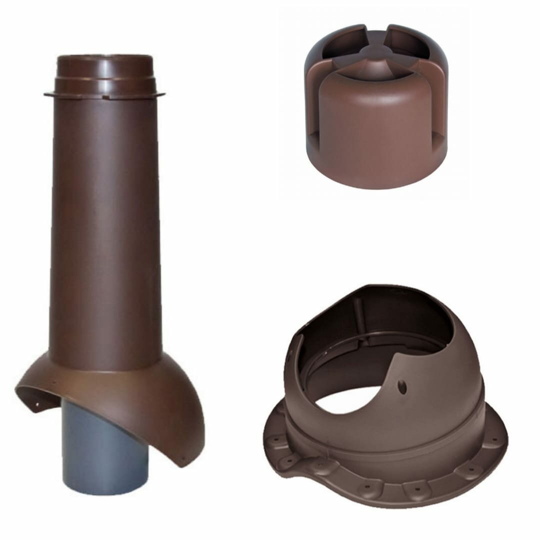 Выход вентиляции для канализации 110 мм h-500 (комплект), RAL 8017 (коричневая), KROVENT, утепленная с колпаком и проходным элементом для металлочерепицы Монтеррей