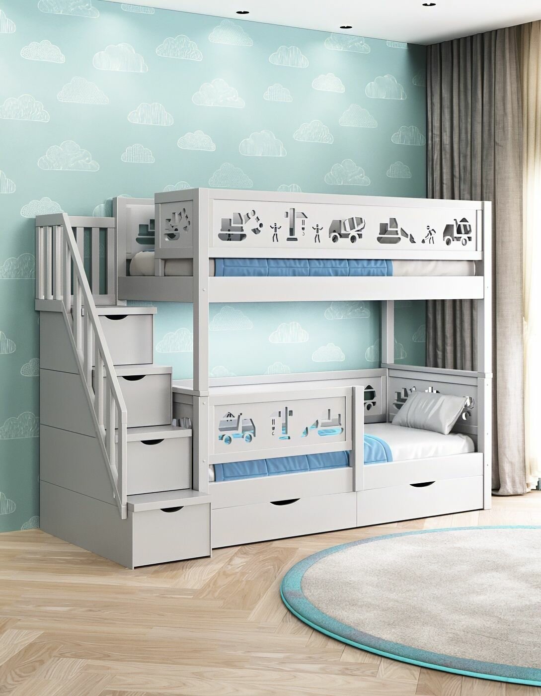 Двухъярусная кровать Строитель для мальчиков, спальные места 90х190, с лестницей-комодом, цвет: Белая эмаль.