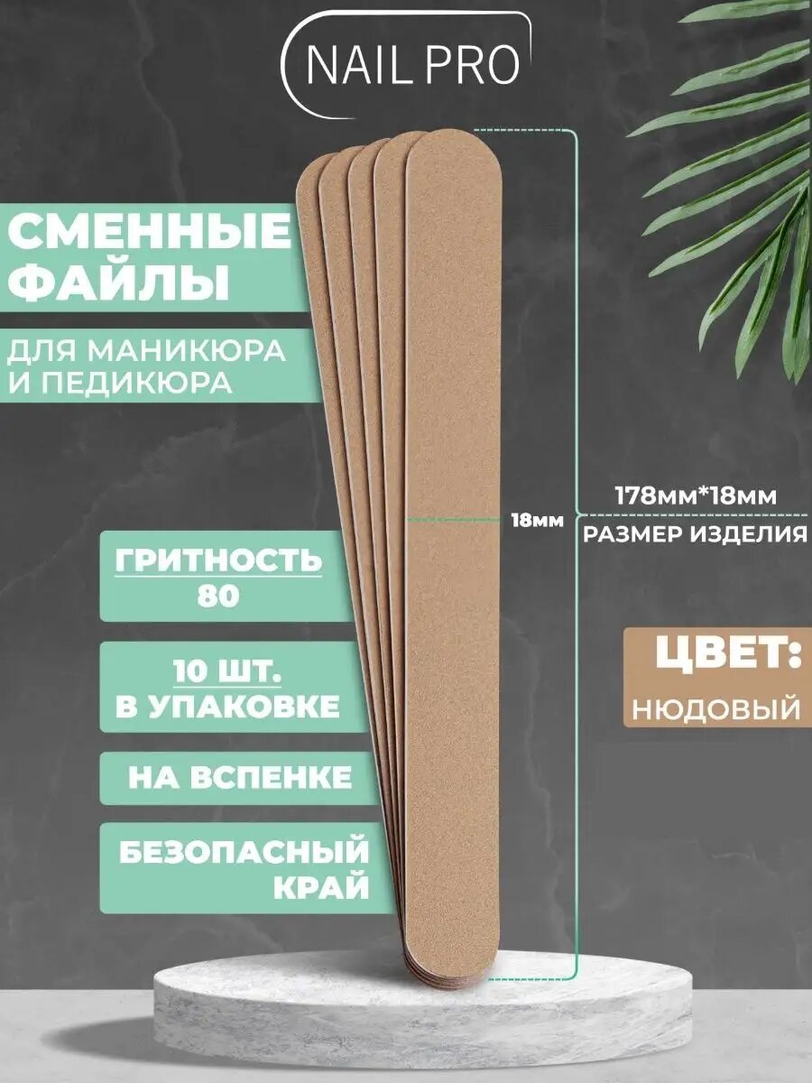 Сменные файлы NailPro, для ногтей, прямые, абразивность 80 грит, 10 шт