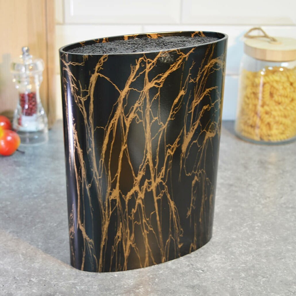 Подставка для ножей 21,8см, пластик, черная с золотым мраморным рисунком