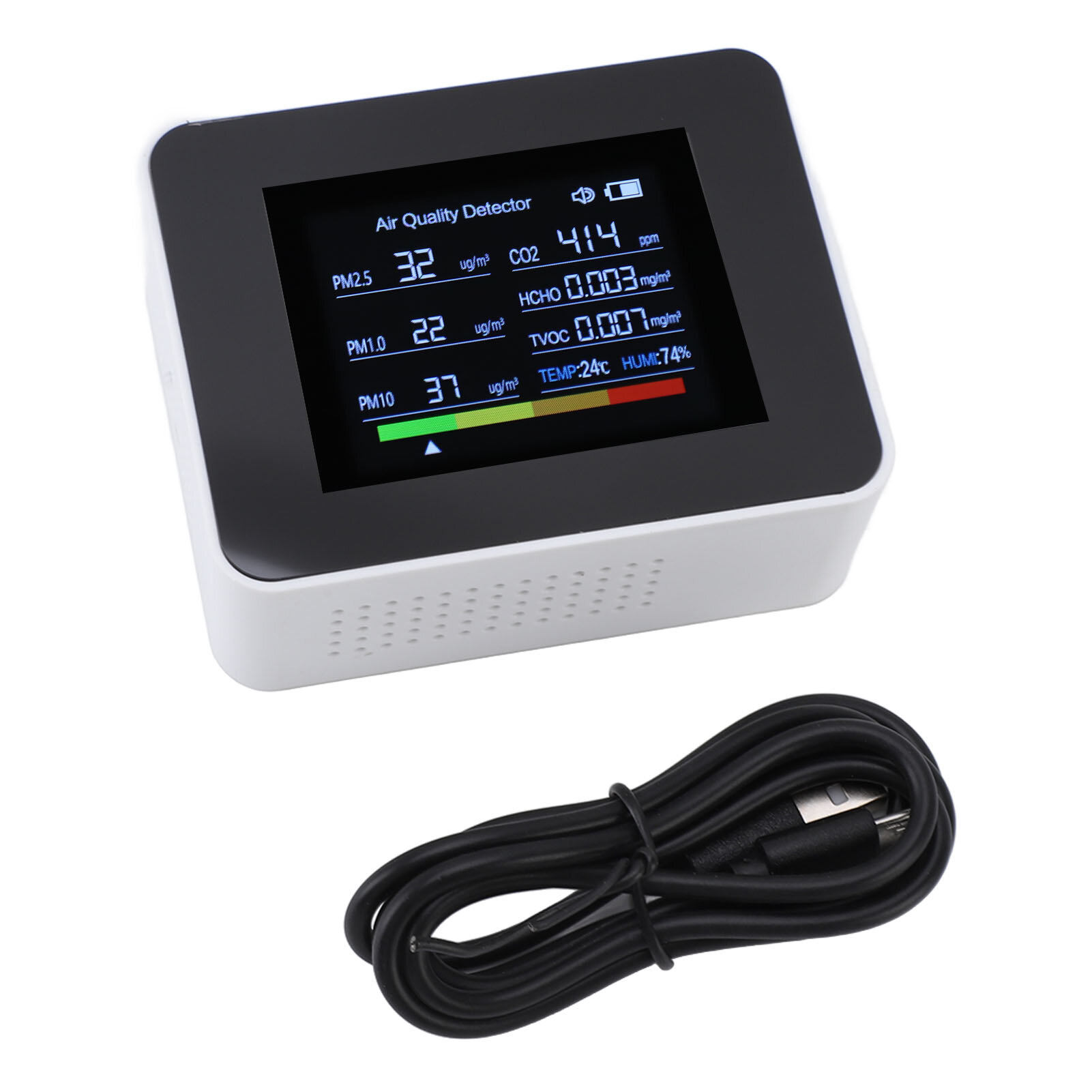Измеритель качества воздуха в помещении 8-в-1 с детектором CO2, NDIR-датчиком для PM2.5, PM10, PM1.0, HCHO, TVOC, температуры и влажности с сигнализацией, белый