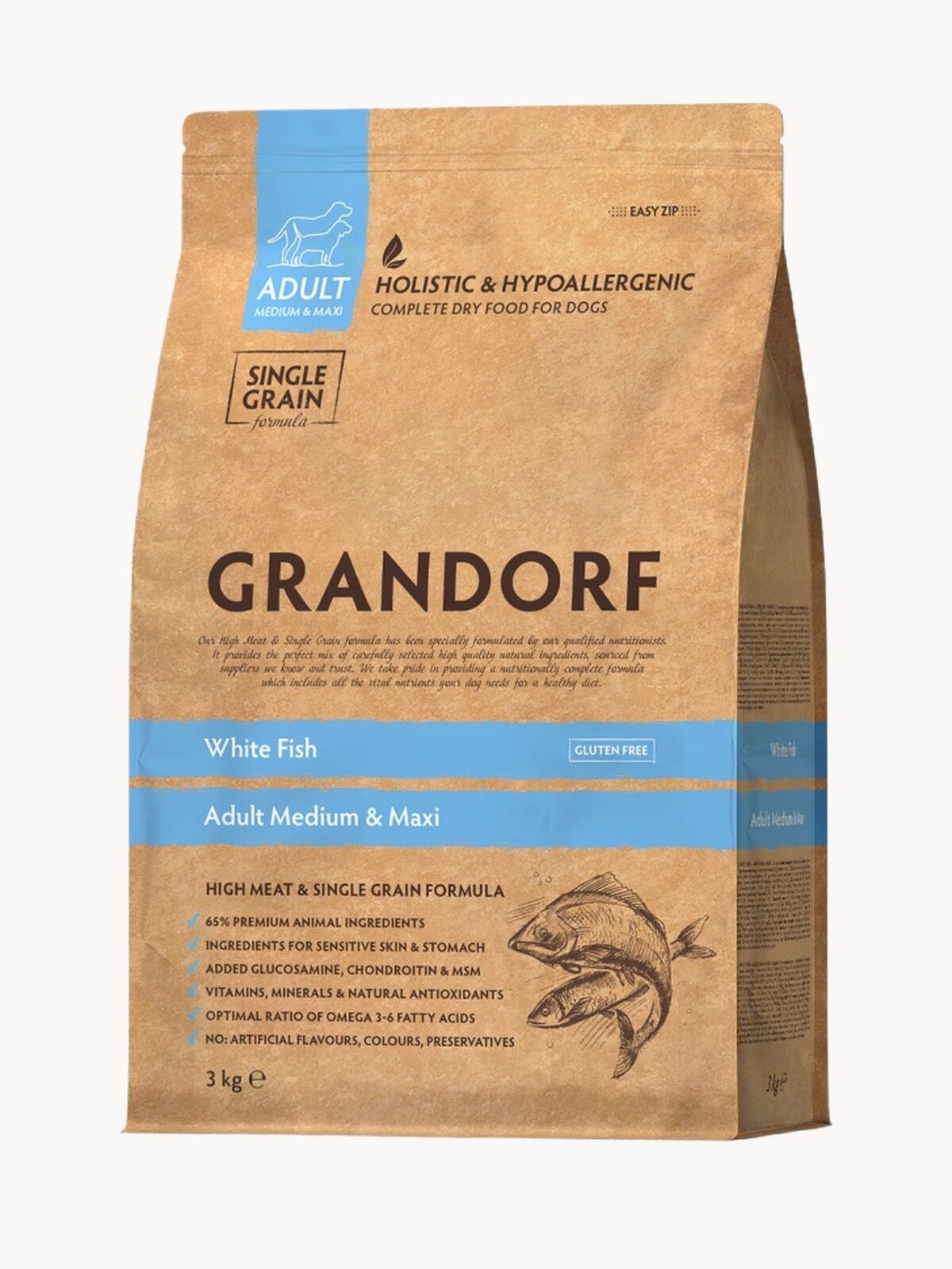 Сухой корм Grandorf White Fish для взрослых собак средних и крупных пород Белая рыба, 3 кг.