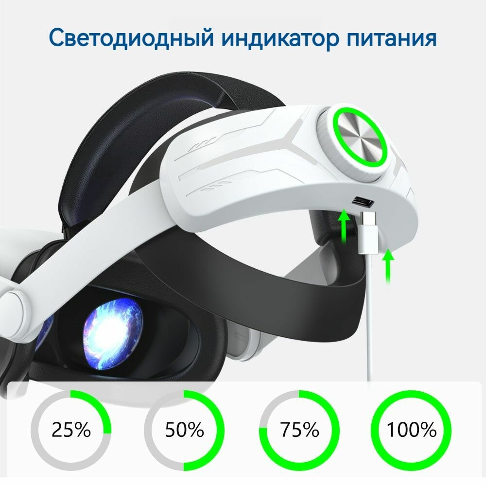 Крепление на голову для VR Oculus Quest 2, Встроенный аккумулятор емкостью 8000 мАч, Регулируемый, RGB-освещение