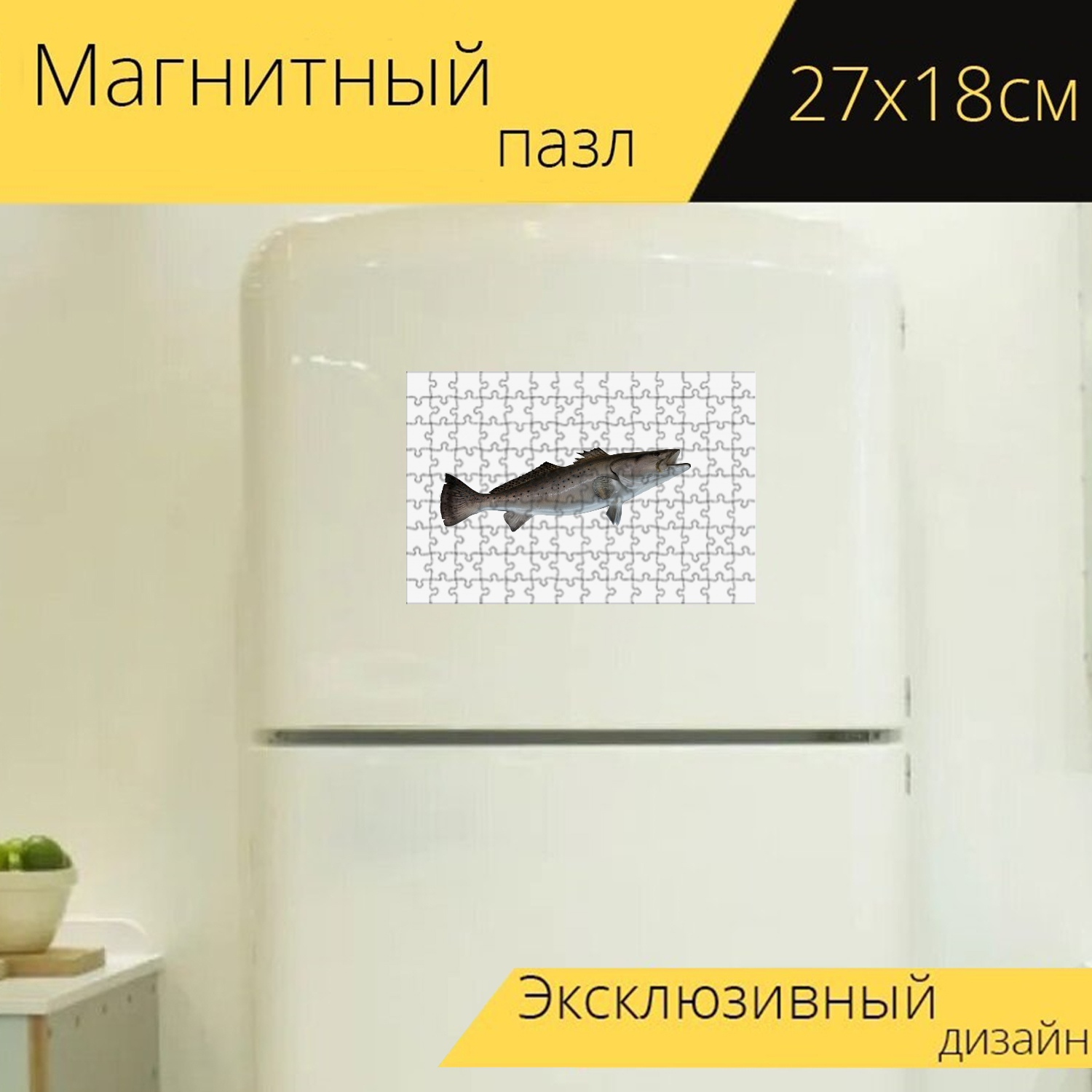 Магнитный пазл "Морской морской форели Установленный Морской форели соленой морской форели рыба дикая природа сборе таксидермия Sealife водные морская." на холодильник 27 x 18 см.