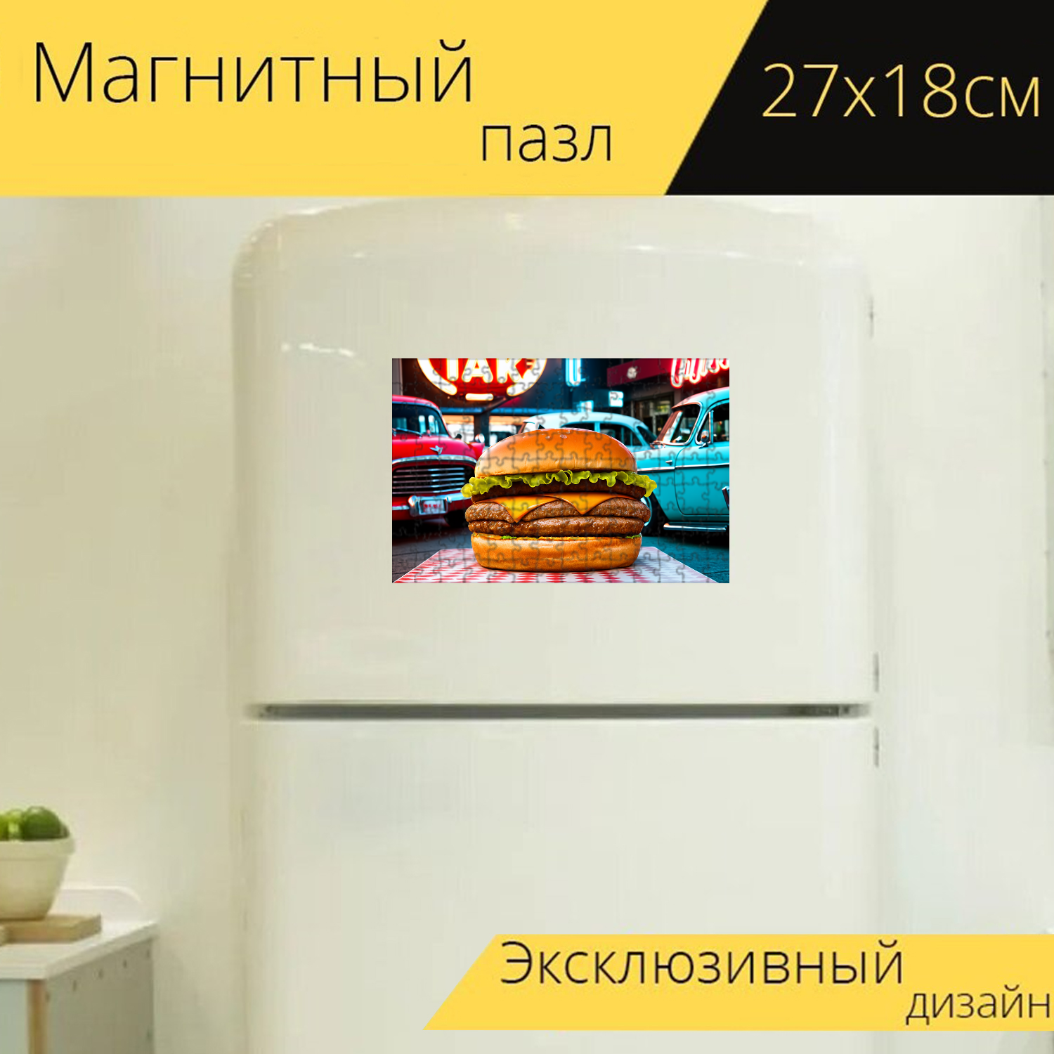 Магнитный пазл "Гамбургер в ретро-стиле 50-х годов, окружённый классическими американскими автомобилями и неоновыми вывесками. стиль: винтажная фотография." на холодильник 27 x 18 см.