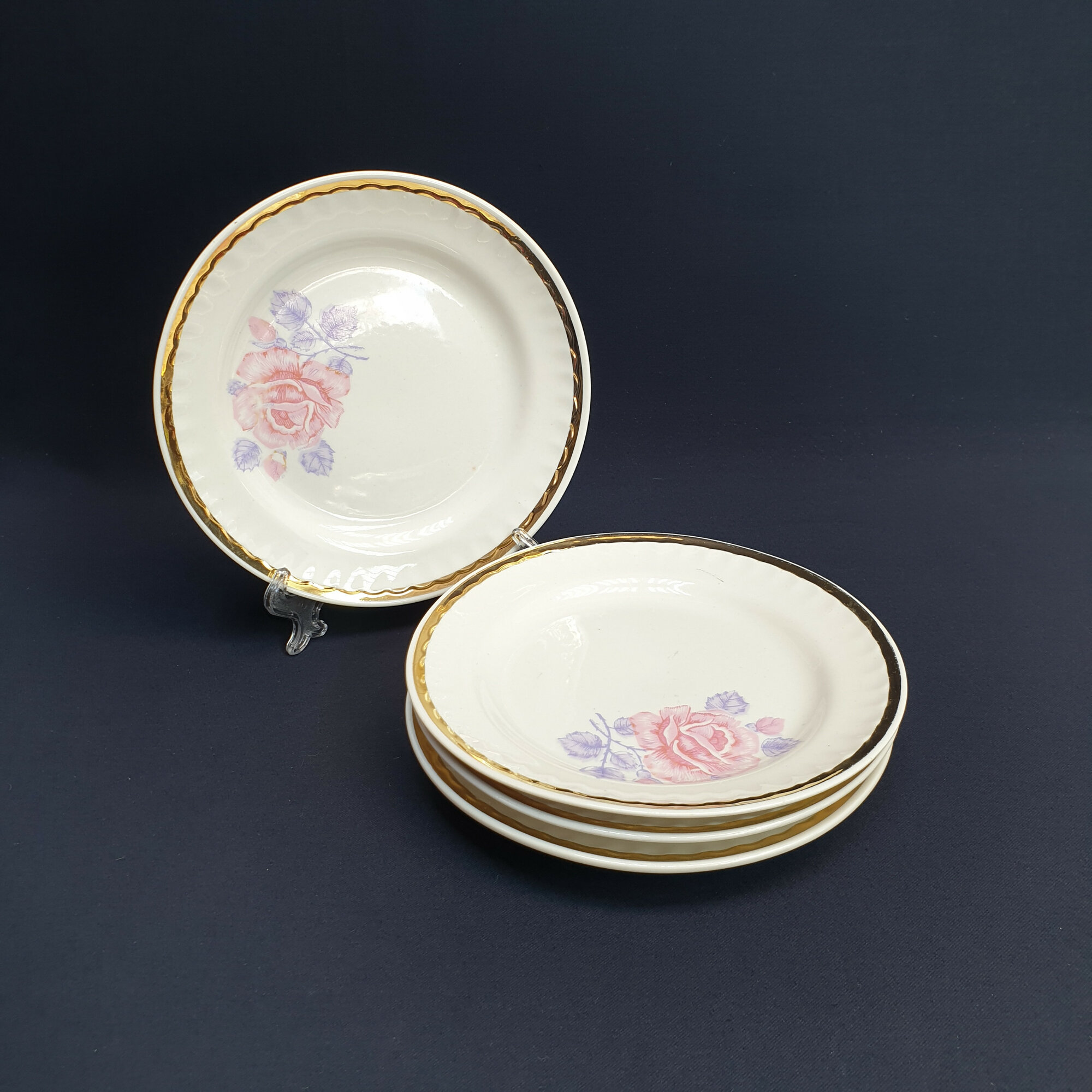 Набор из 4 пирожковых тарелок Прокопьевский з-д, фарфор деколь позолота 175 мм, винтаж СССР