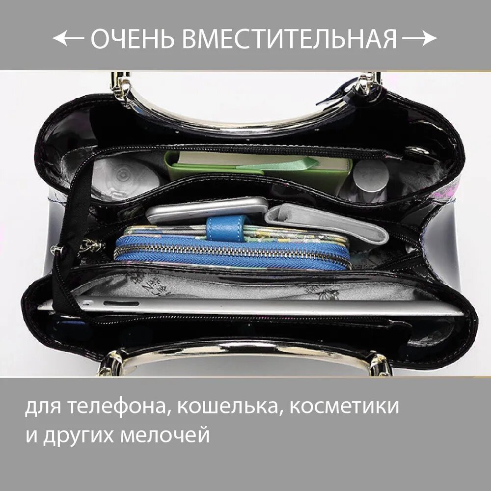 Женская лакированная сумка тоут из премиум-class искусственной кожи, черная, на плечо, с молнией, 28x22x10.5 см — фото 1