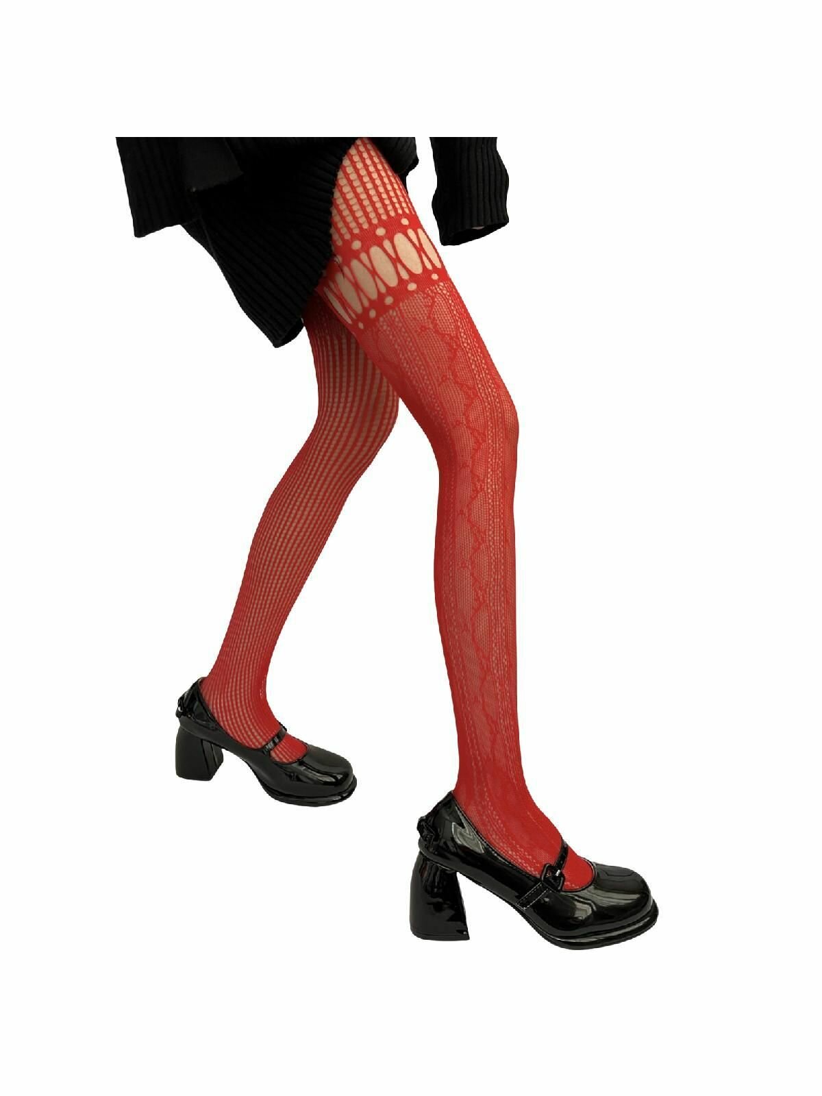 Женские ажурные колготки-сетка с разрезами, красный