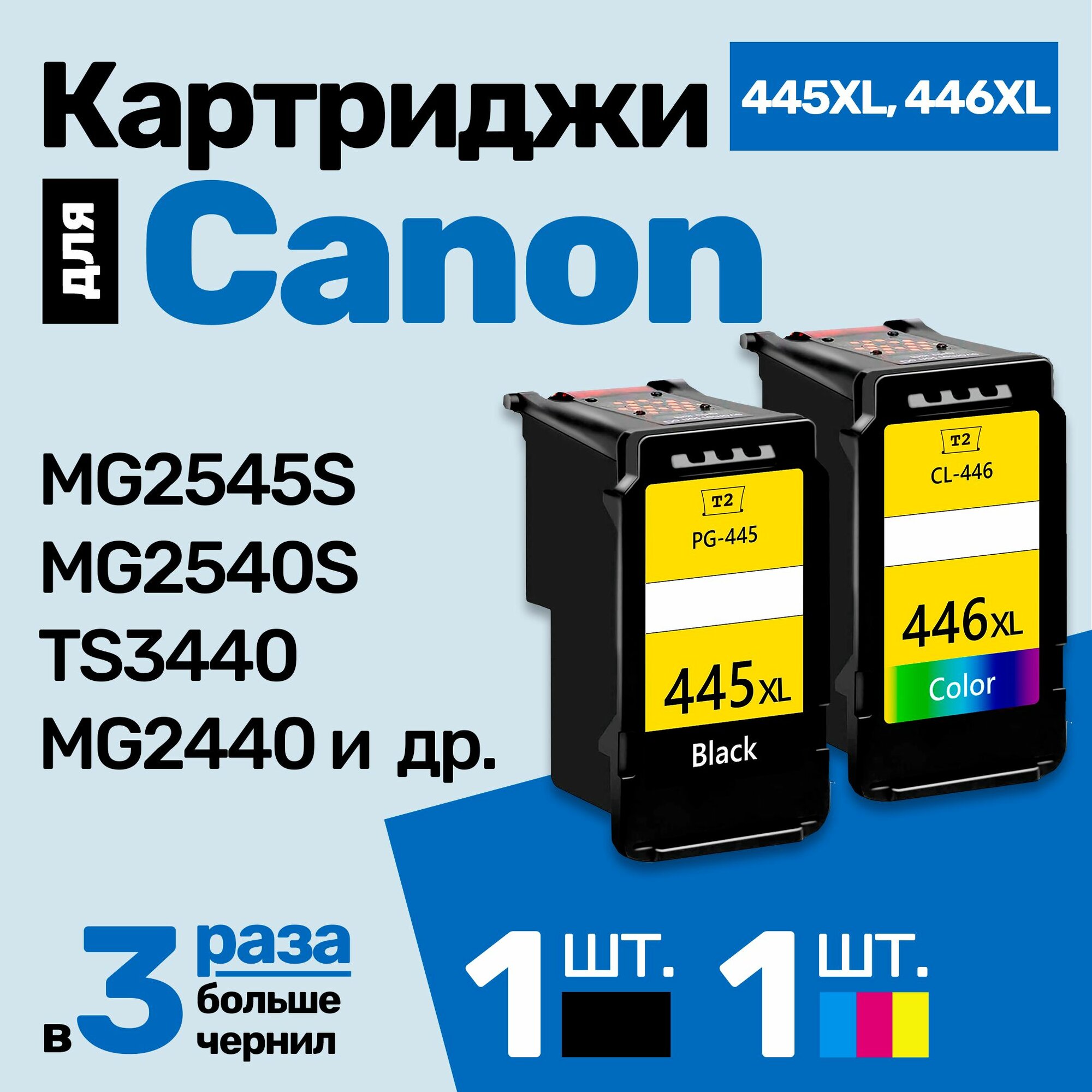 Картриджи к Сanon PIXMA MG2545S MG2540S MG2440 MG3040 TS3340 TS3140 MG2540 iP2840 TS304 (PG-445XL CL-446XL) и др Кэнон заправляемые для принтера Черный Black Цветной Color, увеличенный объем 2 шт