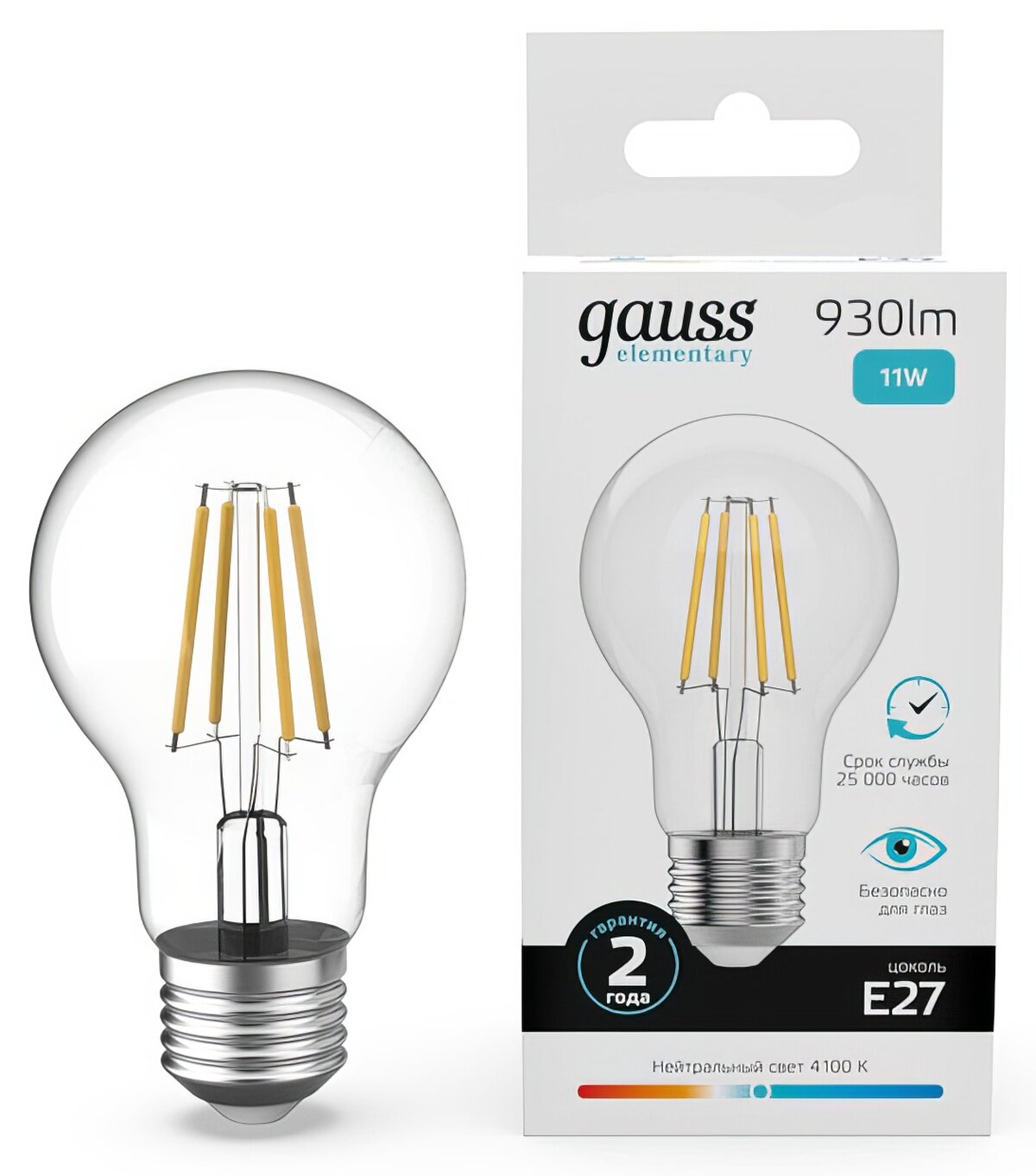 Лампа филаментная GAUSS Filament Elementary 11Вт Е27 LED 930Лм 4100К груша
