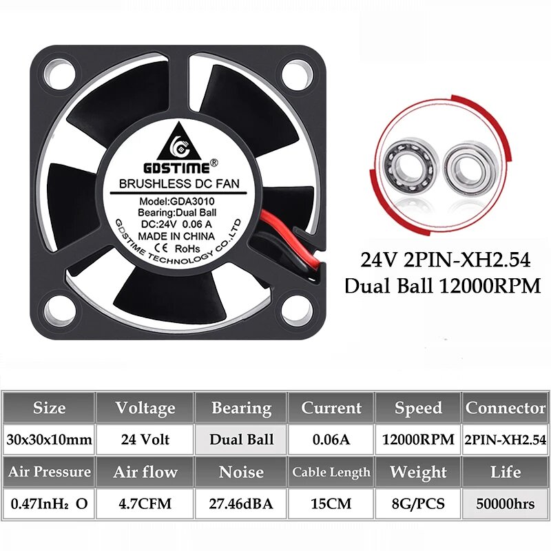 24V Gdstime GDA3010 вентилятор 12000RPM 2PIN-XH2.54