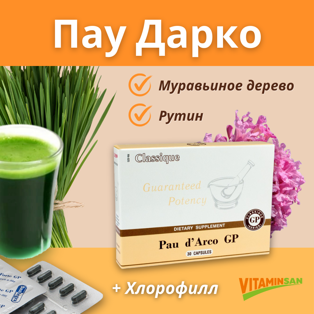 Пау Дарко + Хлорофилл на 2 недели - экстракт Муравьиного дерева, противогрибковое средство, повышает защитные силы, 30 капс.