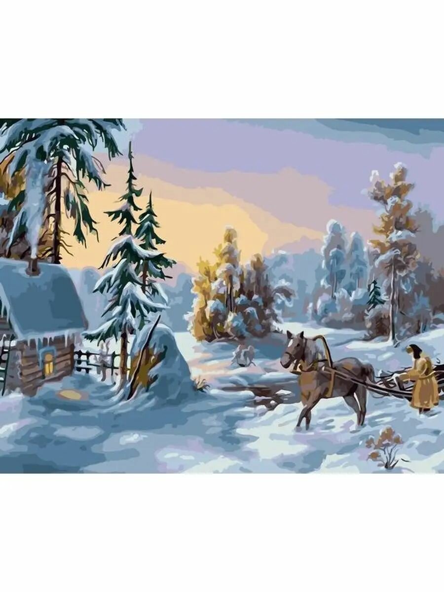 Алмазная мозаика на подрамнике 40х50 полная выкладка круглые стразы "Деревянный дом Лошади Деревенский сюжет Зима"