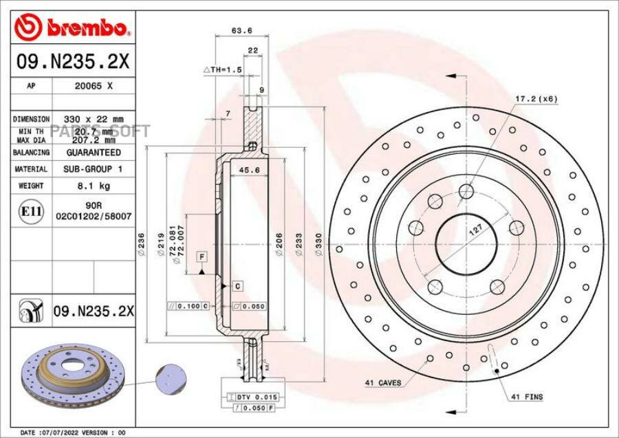 BREMBO 09. N235.2X диск тормозной DODGE DURANGO (WD) 12/10-> / JEEP GRAND CHEROKEE IV (WK, WK2) 06/10-> / JEEP GRAND CH
