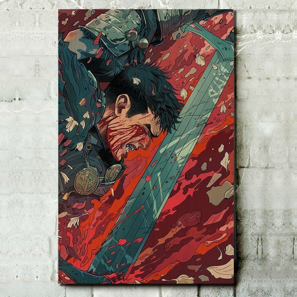 Картина интерьерная на дереве аниме берсерк (Гатс, Guts, Дарк Фентези, кровь) - 15706 В