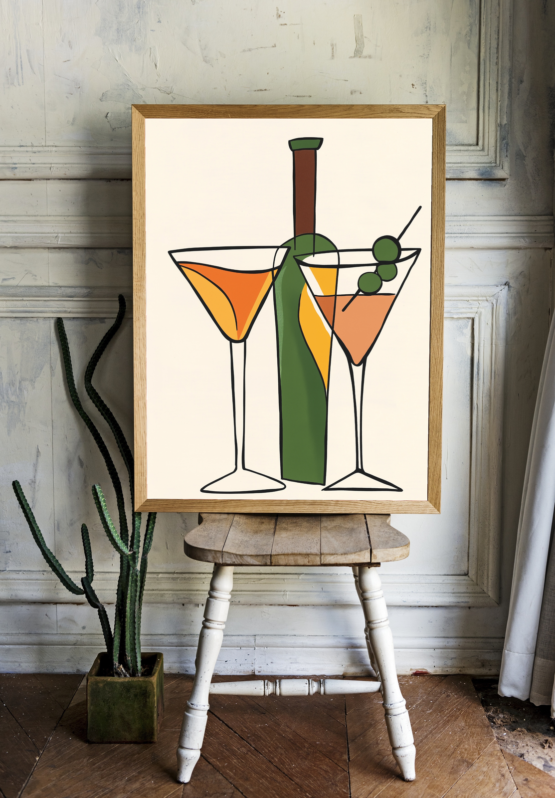 Постер "Коктейли и бутылка вина в винтажном стиле" 50x70 без рамы