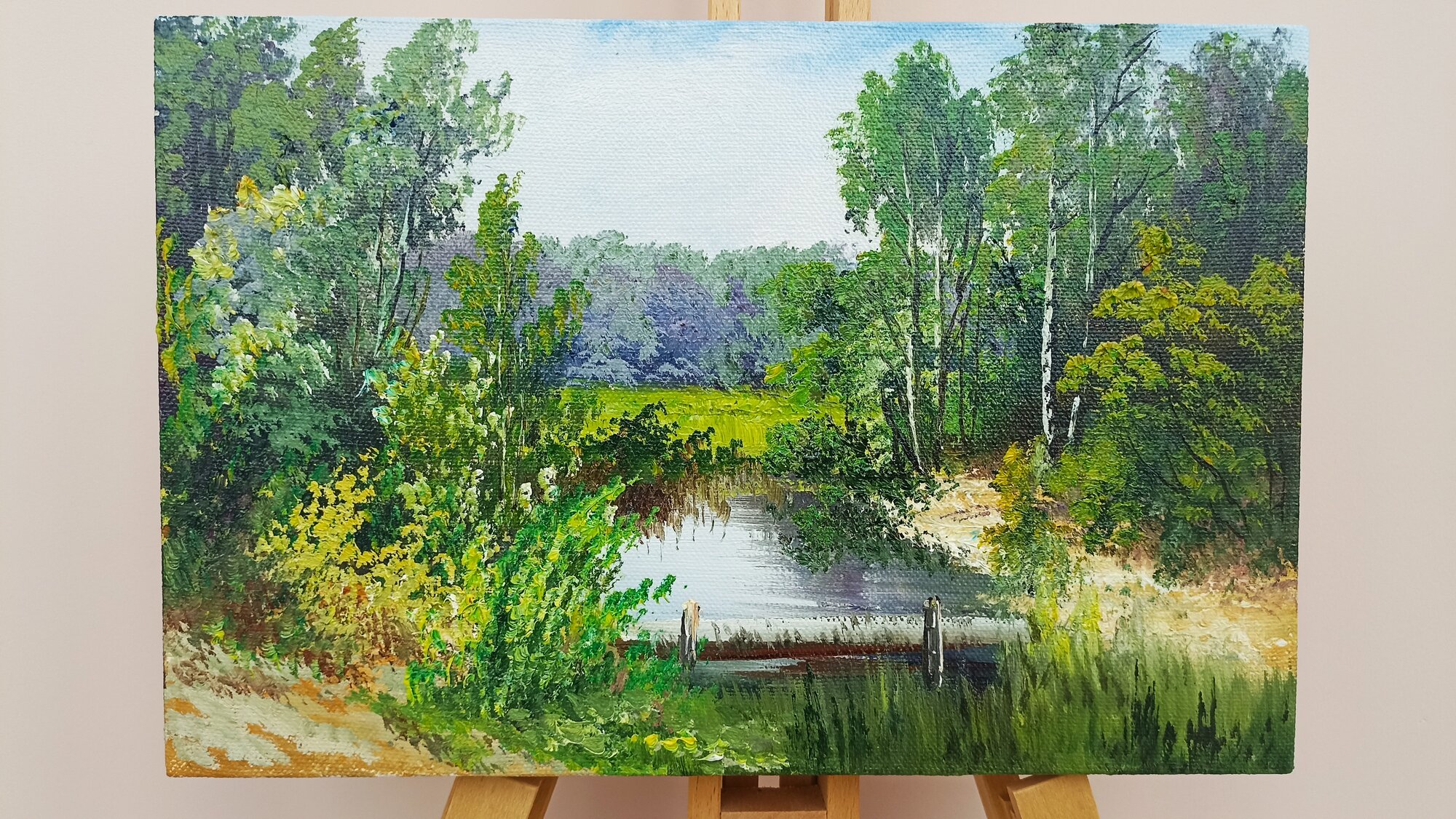 Масло/холст. 100% ручная работа, 100% живопись. Худ. мастерская Грëзы. Серия "Летние пейзажи". Река. Берëзки. 20х30 см