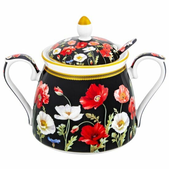 Сахарница Elan Gallery "Маки на черном" 15*10*11,5 см, 450 мл, с ложкой (420671)