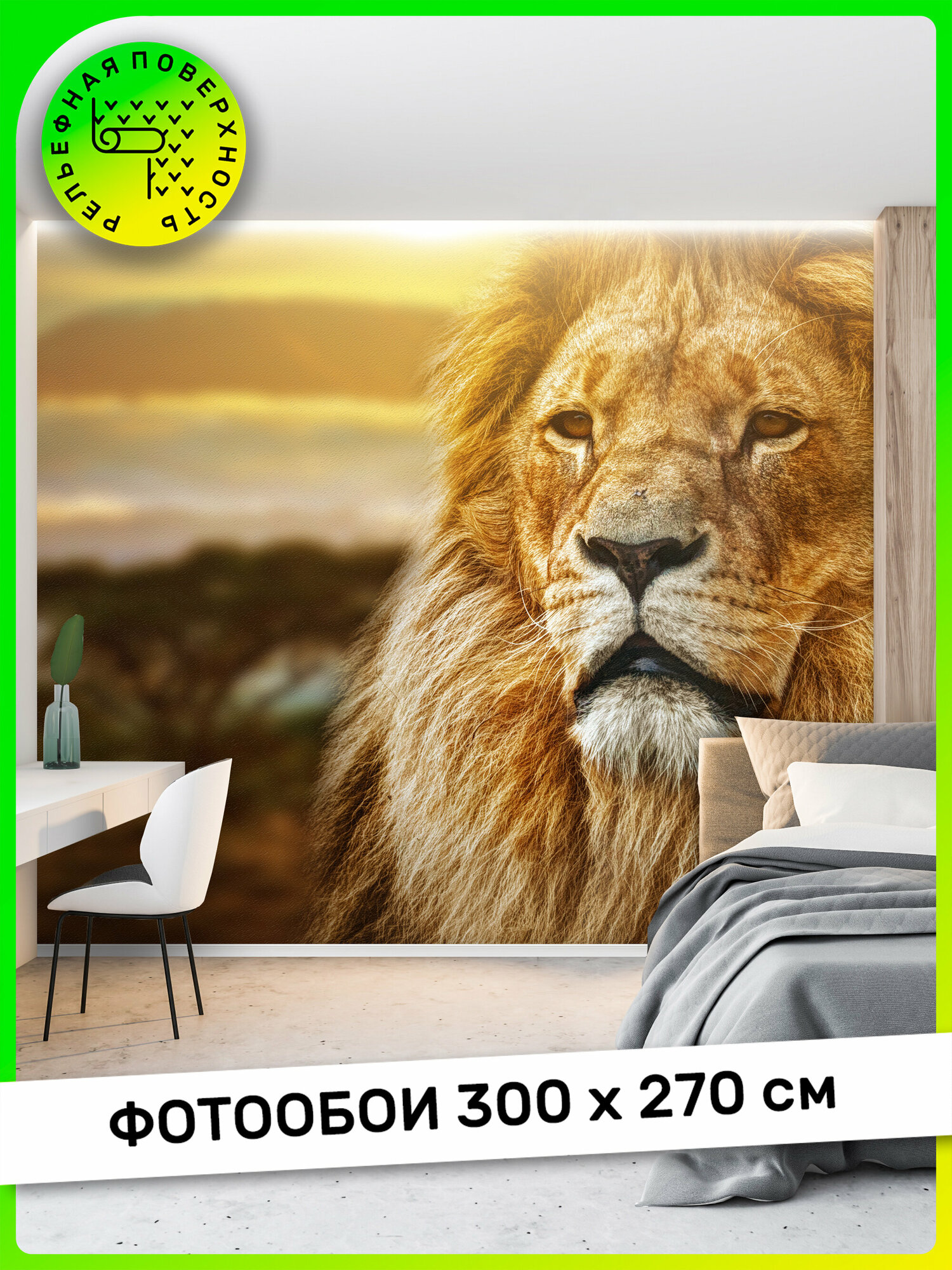 Фотообои, обои Лев на стену, в зал, гостиную, спальню, на кухню, 300 см x 270 см